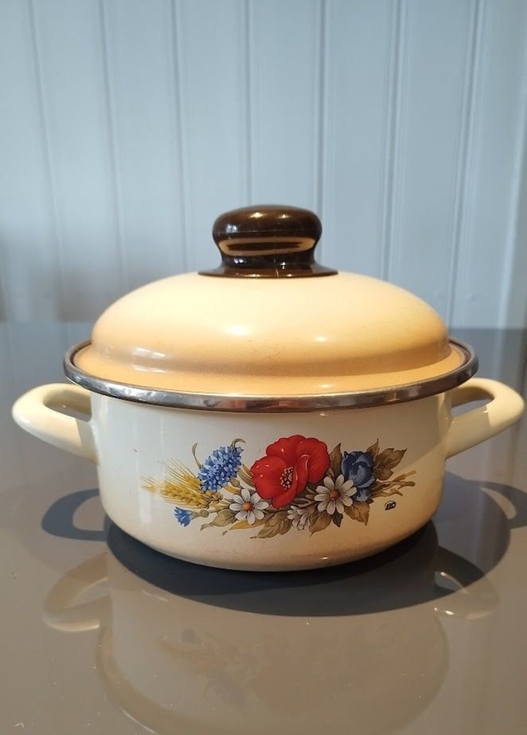 Vintage Brown Enamel Pot, ELO Germany - Brown Colorful Flower Pattern ...