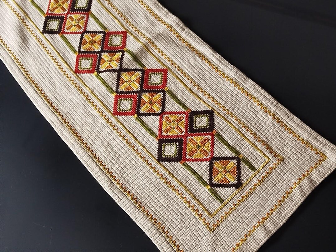 Vintage Norwegian Table Runner – Hand Embroidered Geometric Diamonds ...