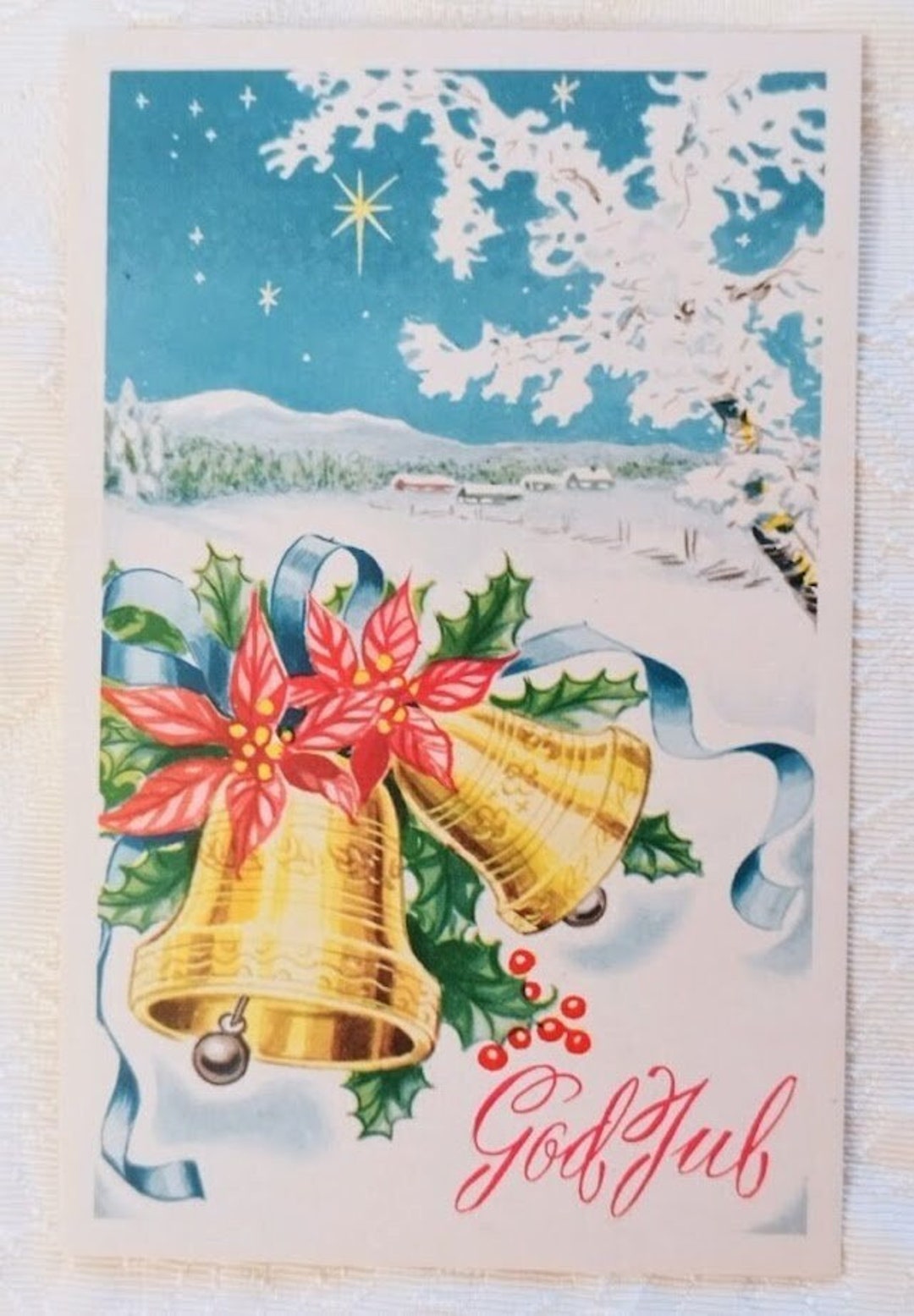 Nordic God Jul Christmas Card - Vintage Card With Hollys and Bells God ...