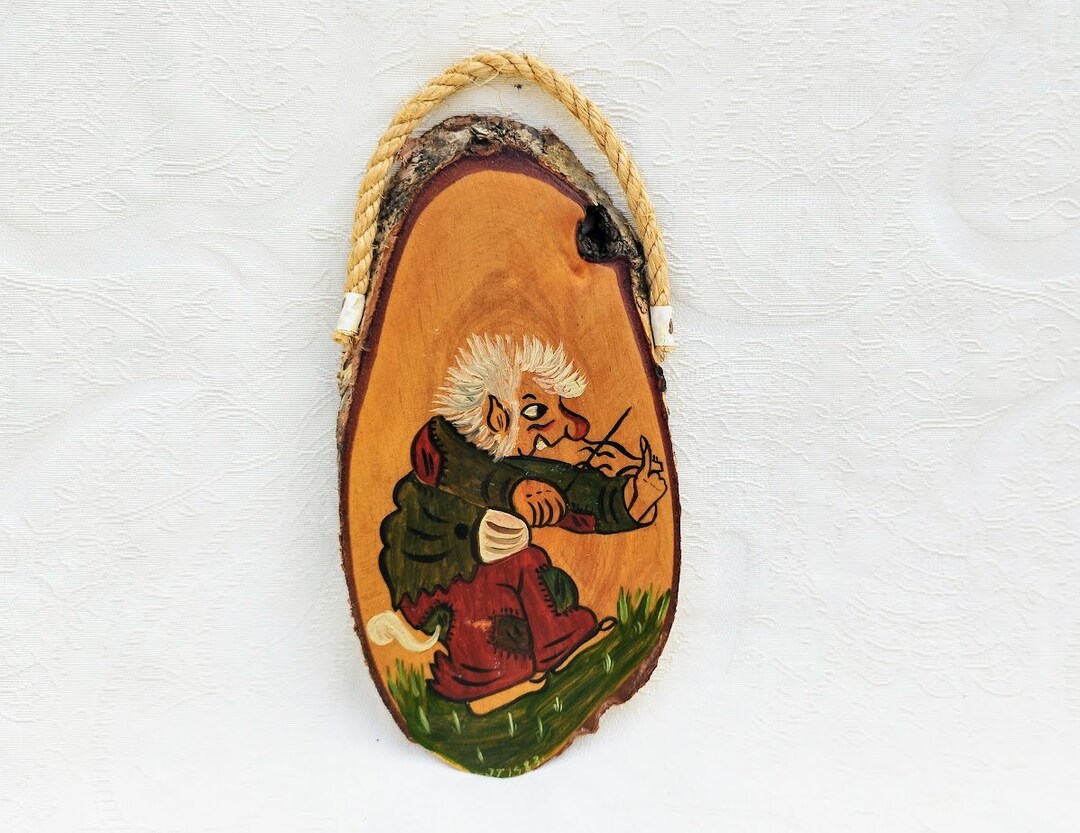 Signed 1983 Hand Carved Norwegian Troll Embroidered Wood Wall Hanging ...