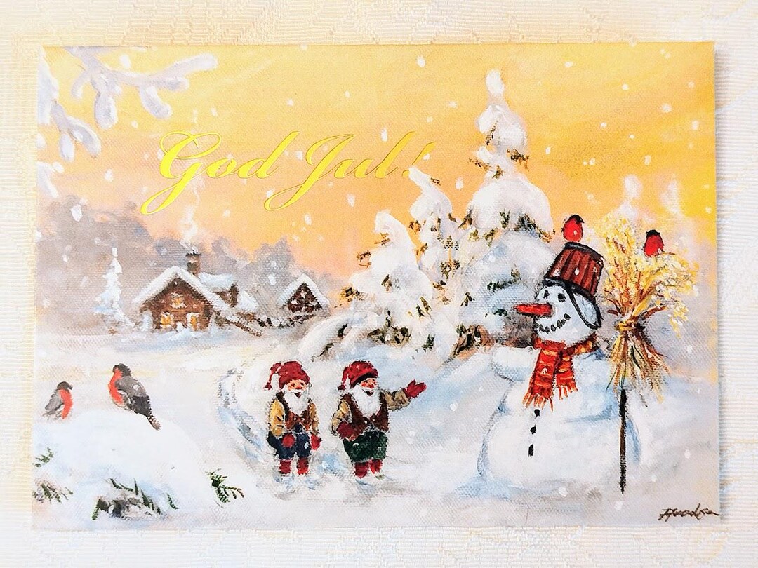 God Jul Swedish Norwegian Christmas Card - Winter Gnoms Tomte Nisse Out ...