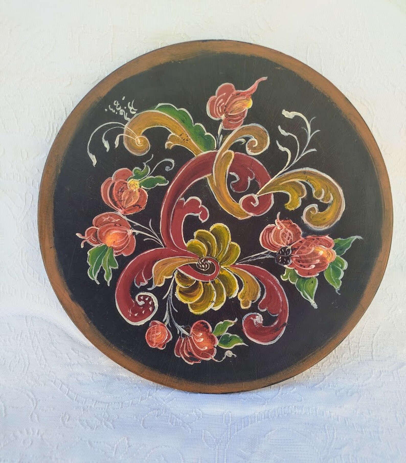 Signed Norwegian Hand Painted Rosemaling Wood Plate Wall Hanging Folk ...