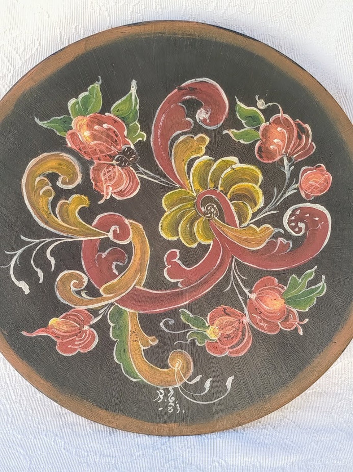 Signed Norwegian Hand Painted Rosemaling Wood Plate Wall Hanging Folk ...