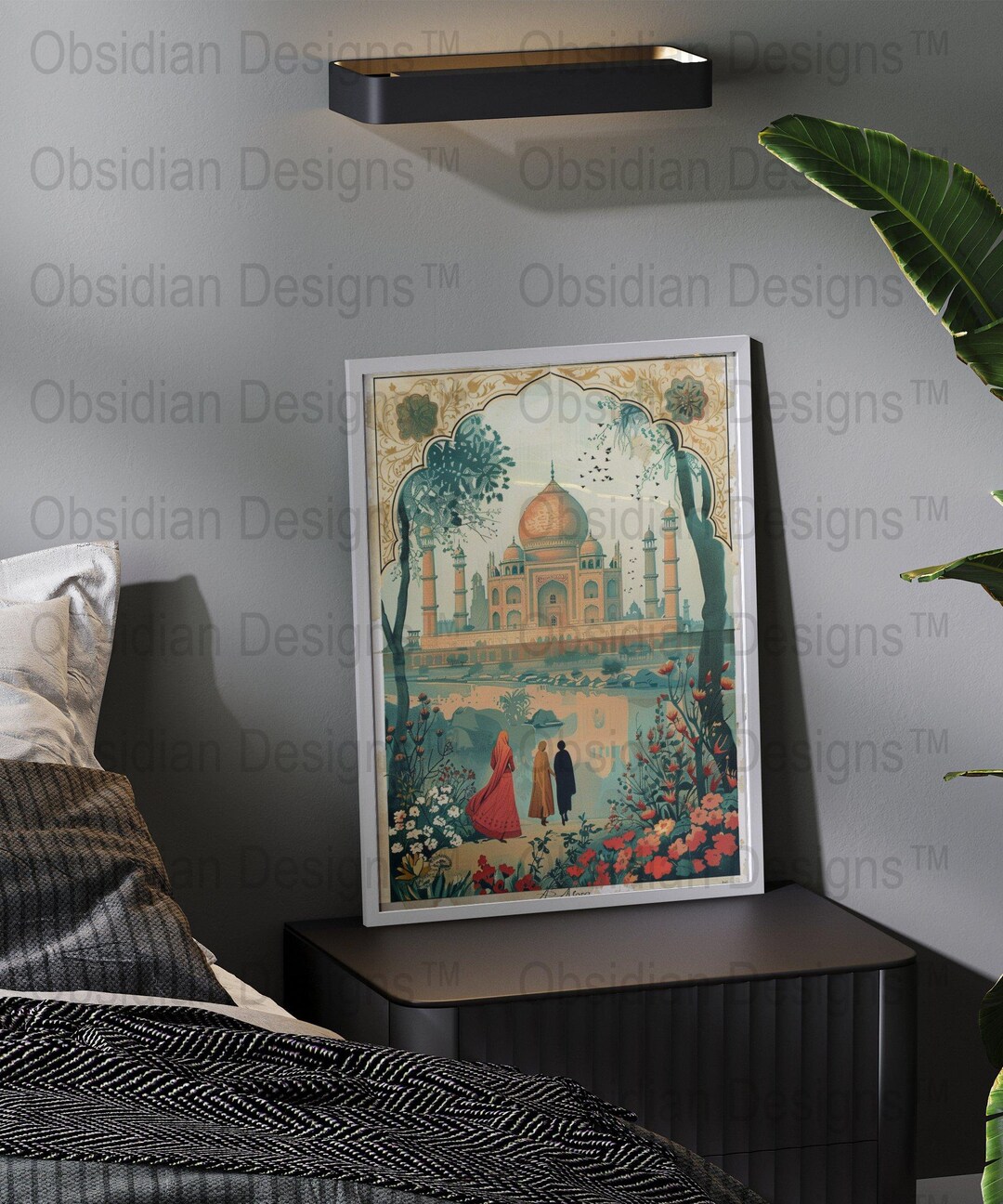 Vintage Taj Mahal Print, Indian Landmark Art, Floral Border Digital ...