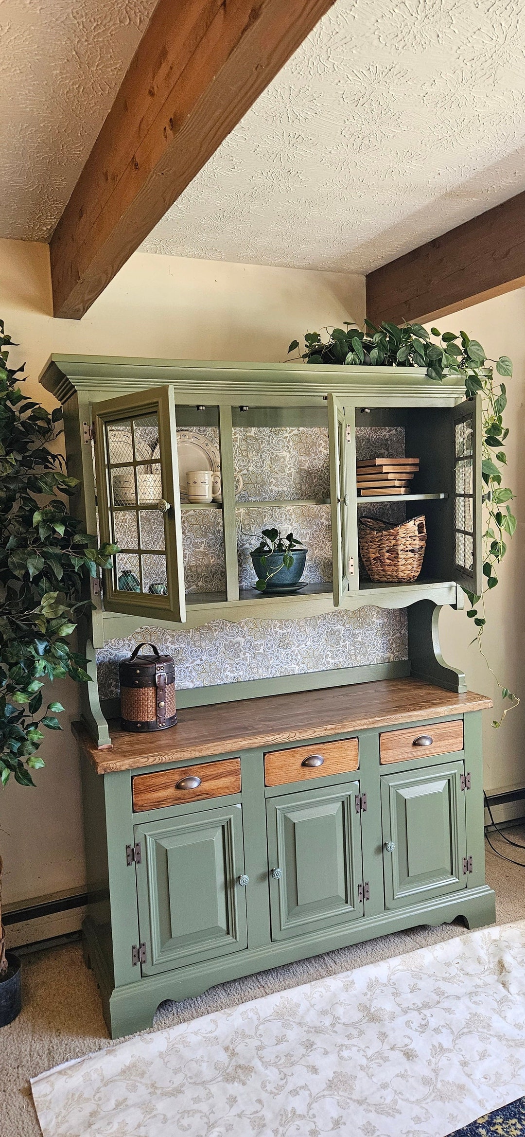 Vintage Olive Green Sage Green Hutch and Buffet Modern Farmhouse China ...
