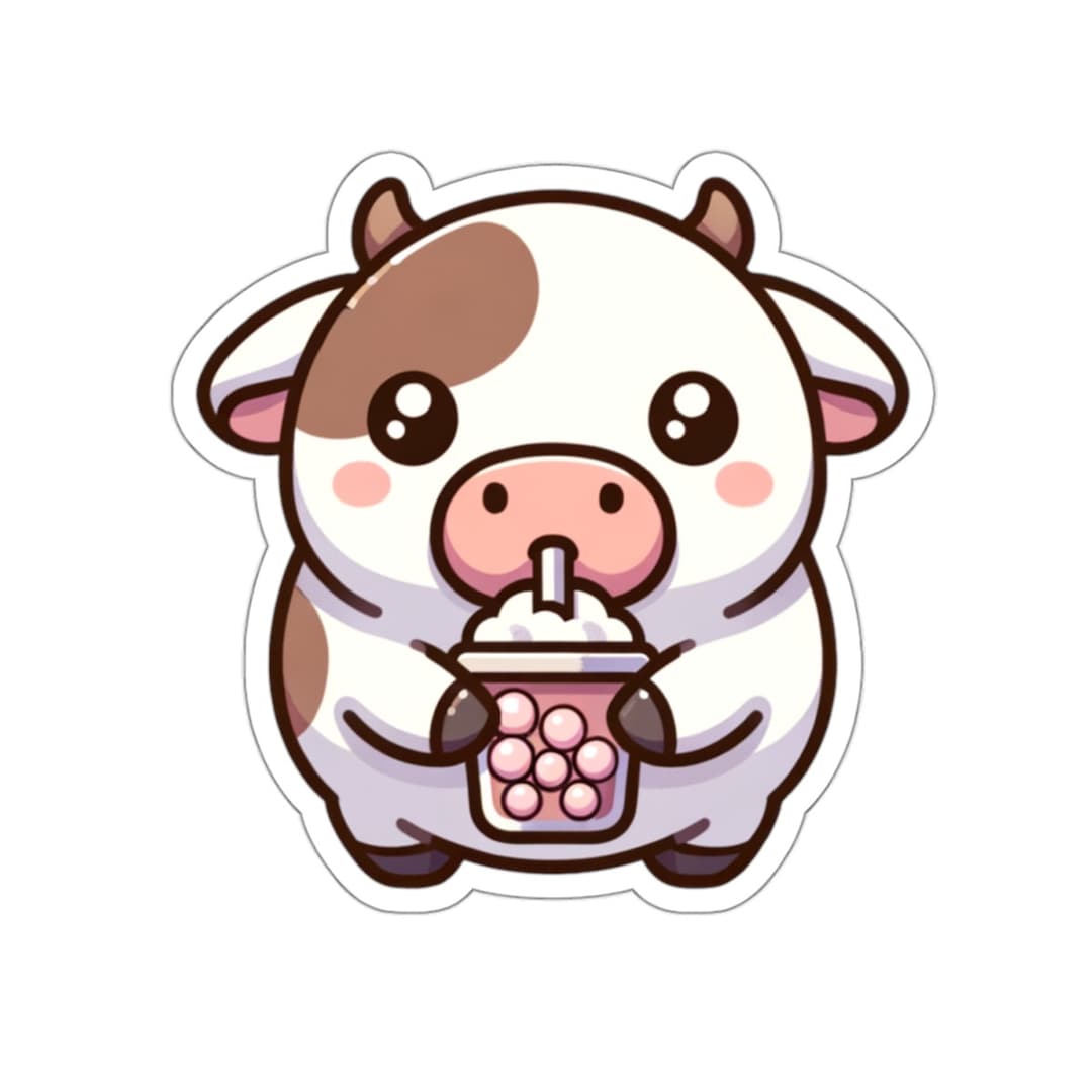 Cow Drinking Boba Tea Vinyl Sticker With A Glossy Finish Water Bottle