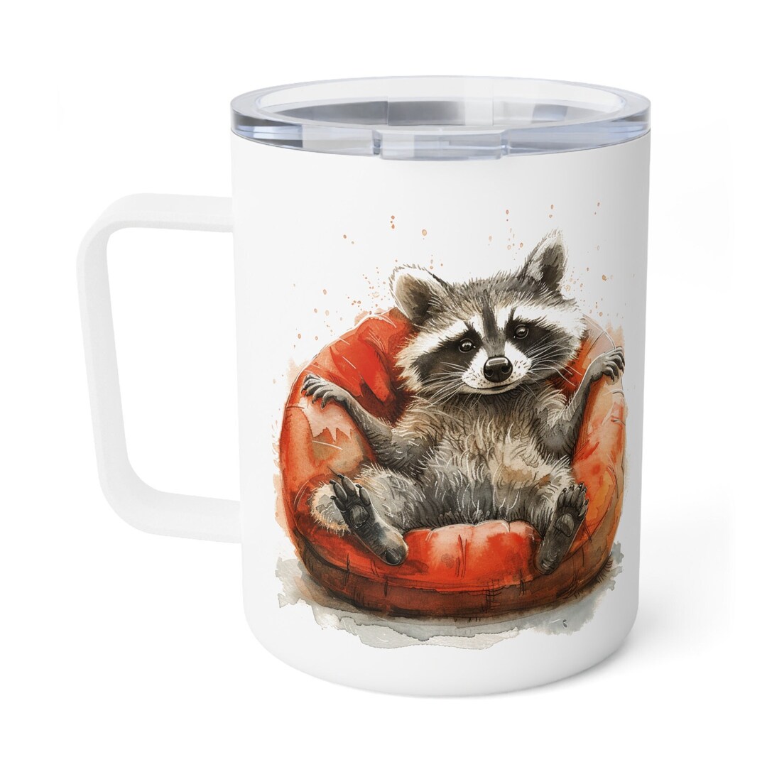 Raccoon in Red Bean Bag Chair Insulated Coffee Mug 10oz Coon Ring ...
