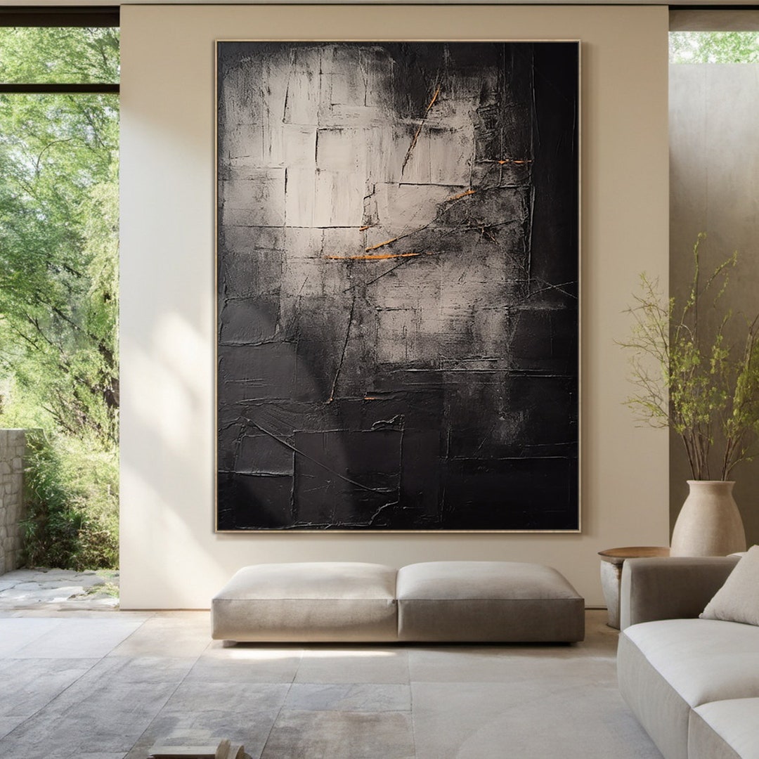 Large Black Abstract Oil Painting on Canvas, Grey Simple Texture ...