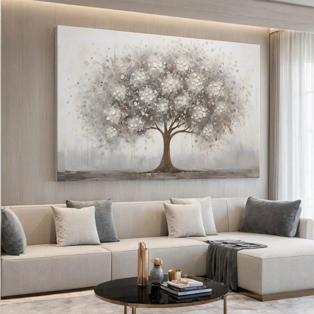 Original Grey Tree of Life Canvas Oil Painting, Large Abstract Textured ...