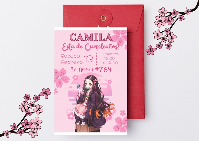 Nezuko Birthday Invitation Editable Canva Kimetsu No Yaiba Demon Slayer ...