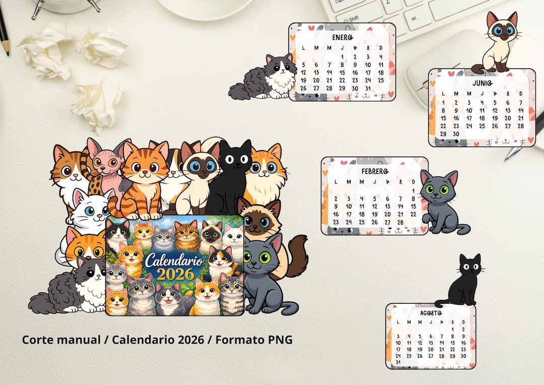 Mini Cat Calendar 2026 Printable for Desktop Spanish Hand Cut ...