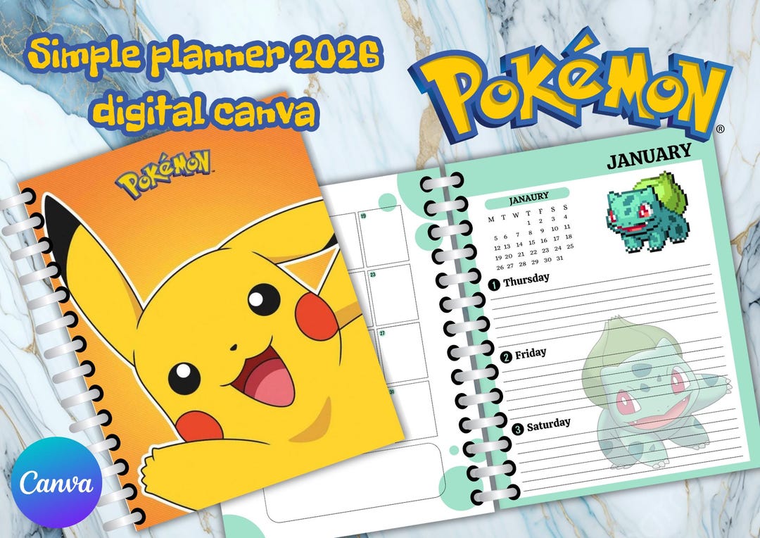 Digital Simple Planner 2026 Pokemon - Editable Canva - English Version ...