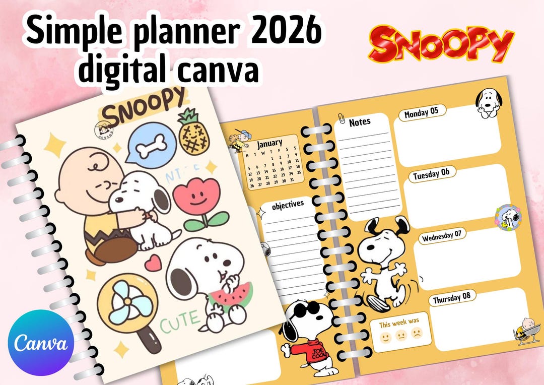 Digital Simple Planner Snoopy - Peanuts 2026 English Digital CANVA - Etsy