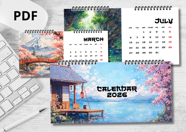 Digital Japanese Landscape Calendar 2026 - Minimalist Nature Desktop ...