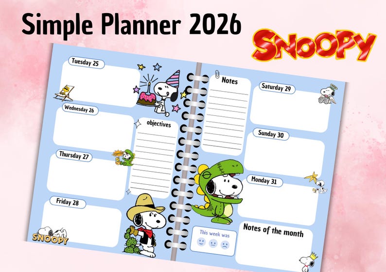 Digital Simple Planner Snoopy - Peanuts 2026 English Digital CANVA - Etsy