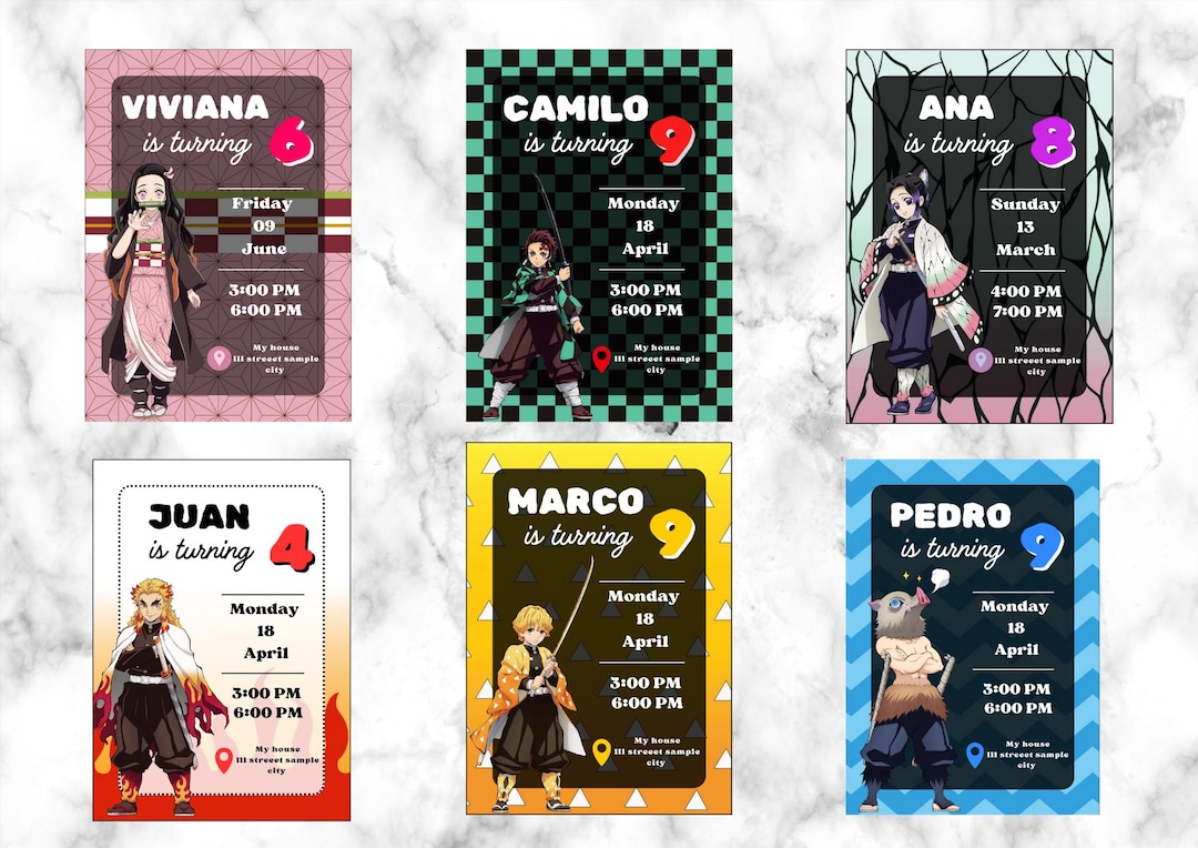 Pack of 6 Birthday Invitations Kimetsu No Yaiba demon Slayer Editable ...
