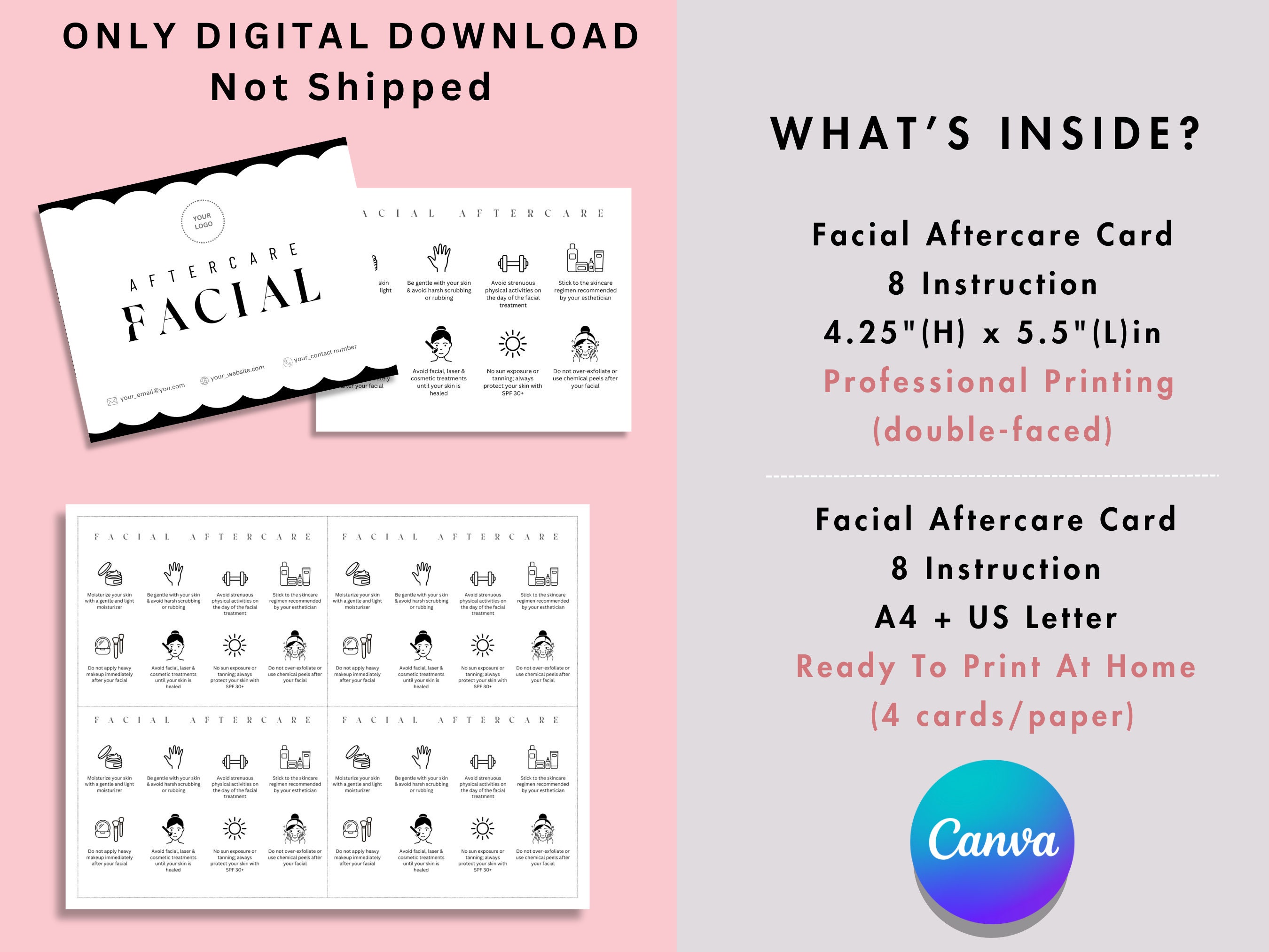 Editable Facial Aftercare Card, Esthetician Canva Template Form, Medspa ...