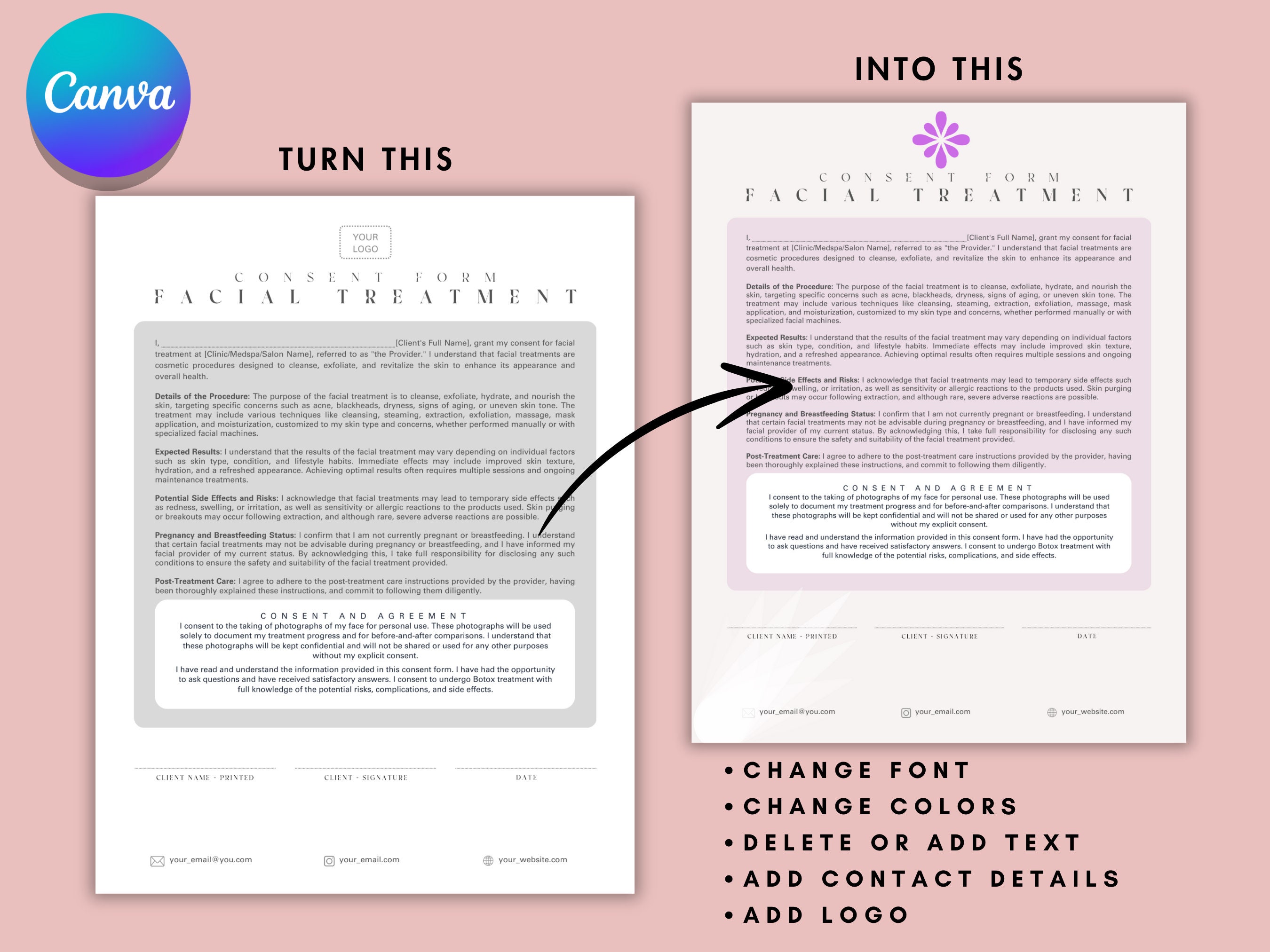 Editable Facial Informed Consent Form Esthetician Client Intake Canva ...