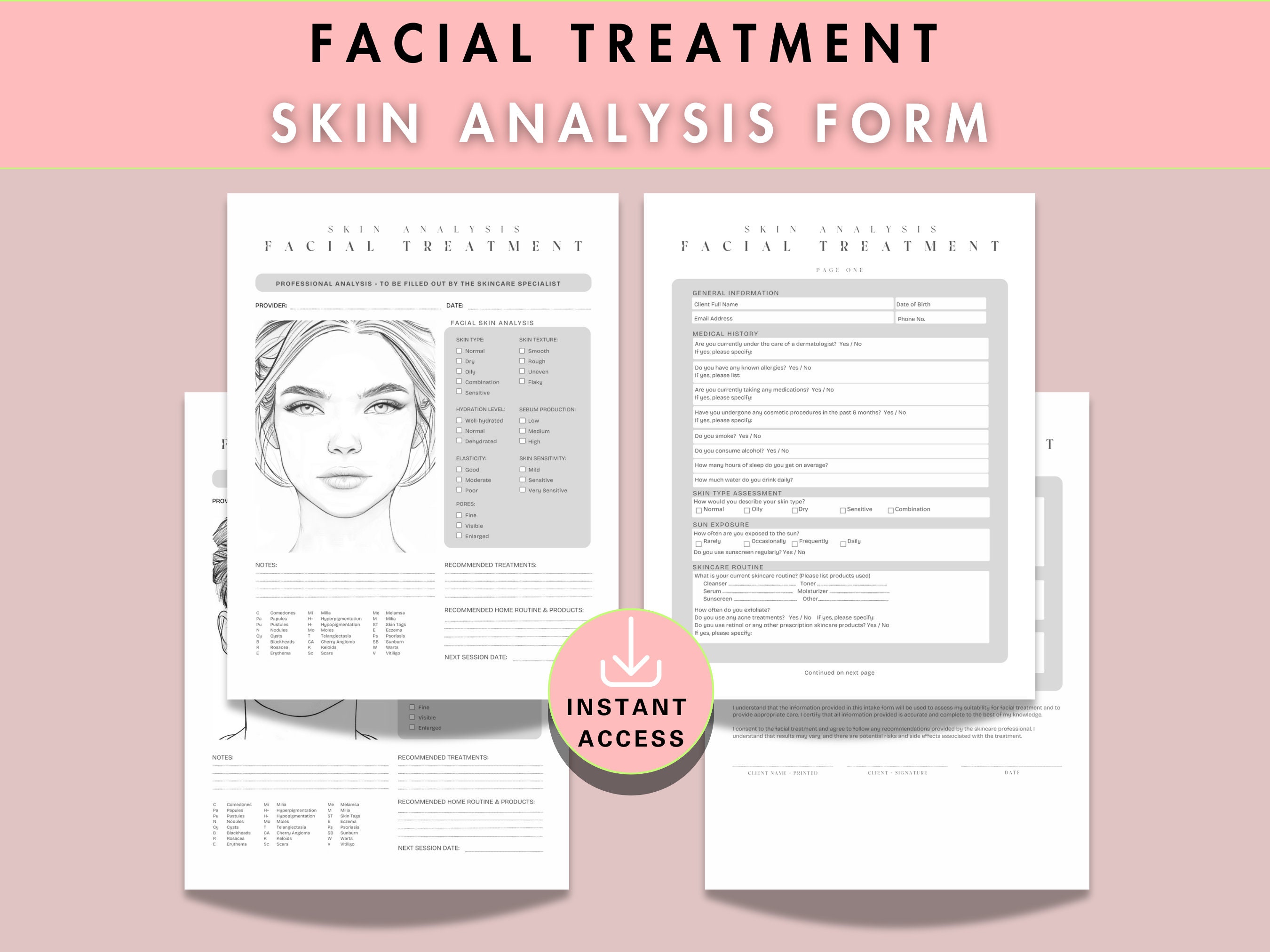 Skin Analysis Facial Form Template, Esthetician Aesthetic Skincare ...