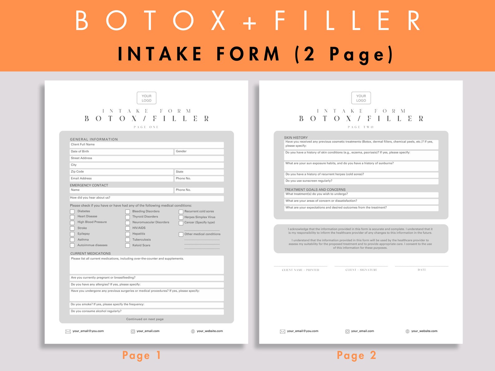 Editable Botox and Dermal Filler Client Intake Form Med Spa Reception ...