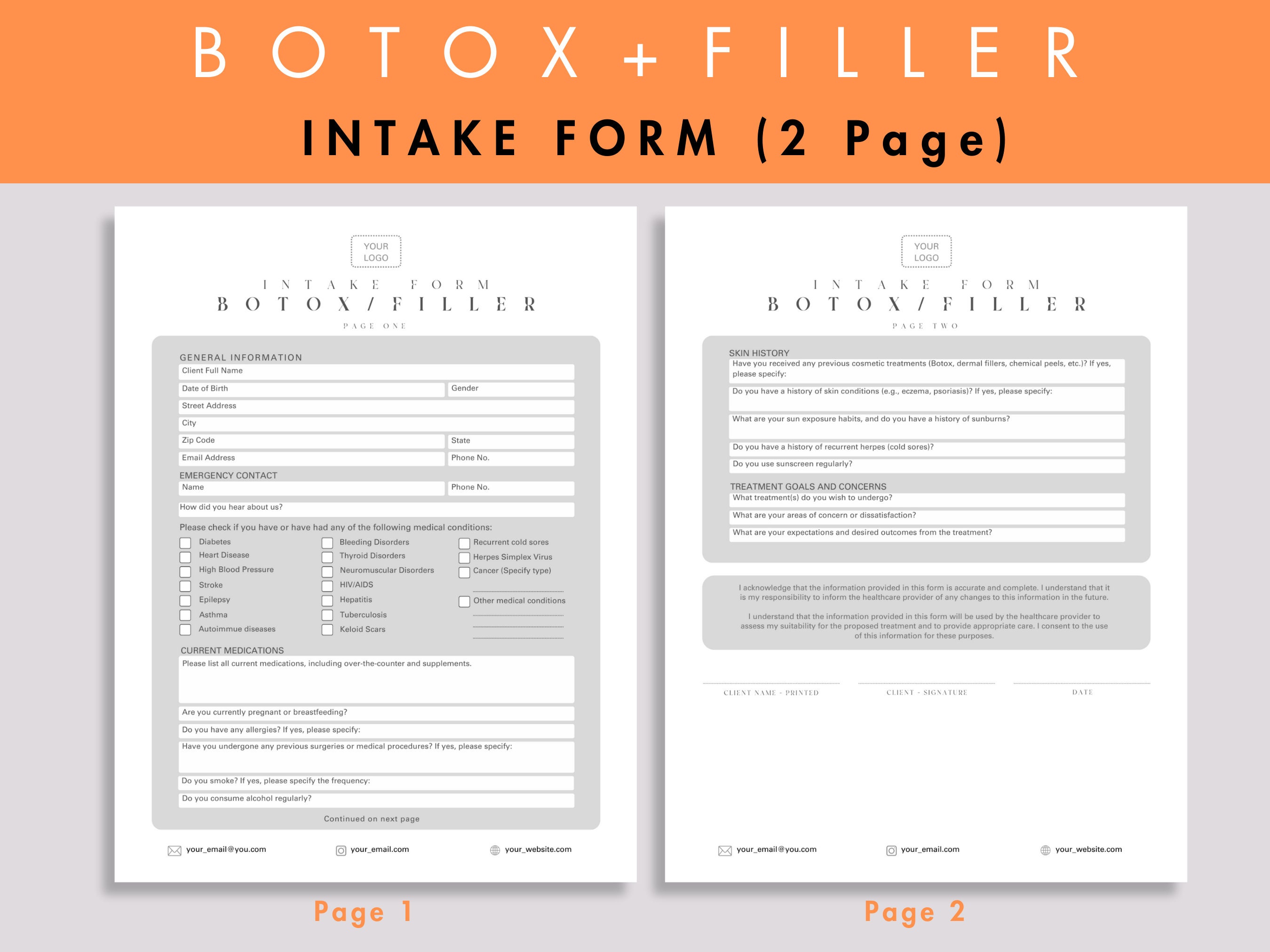 Editable Botox and Dermal Filler Client Intake Form Med Spa Reception ...