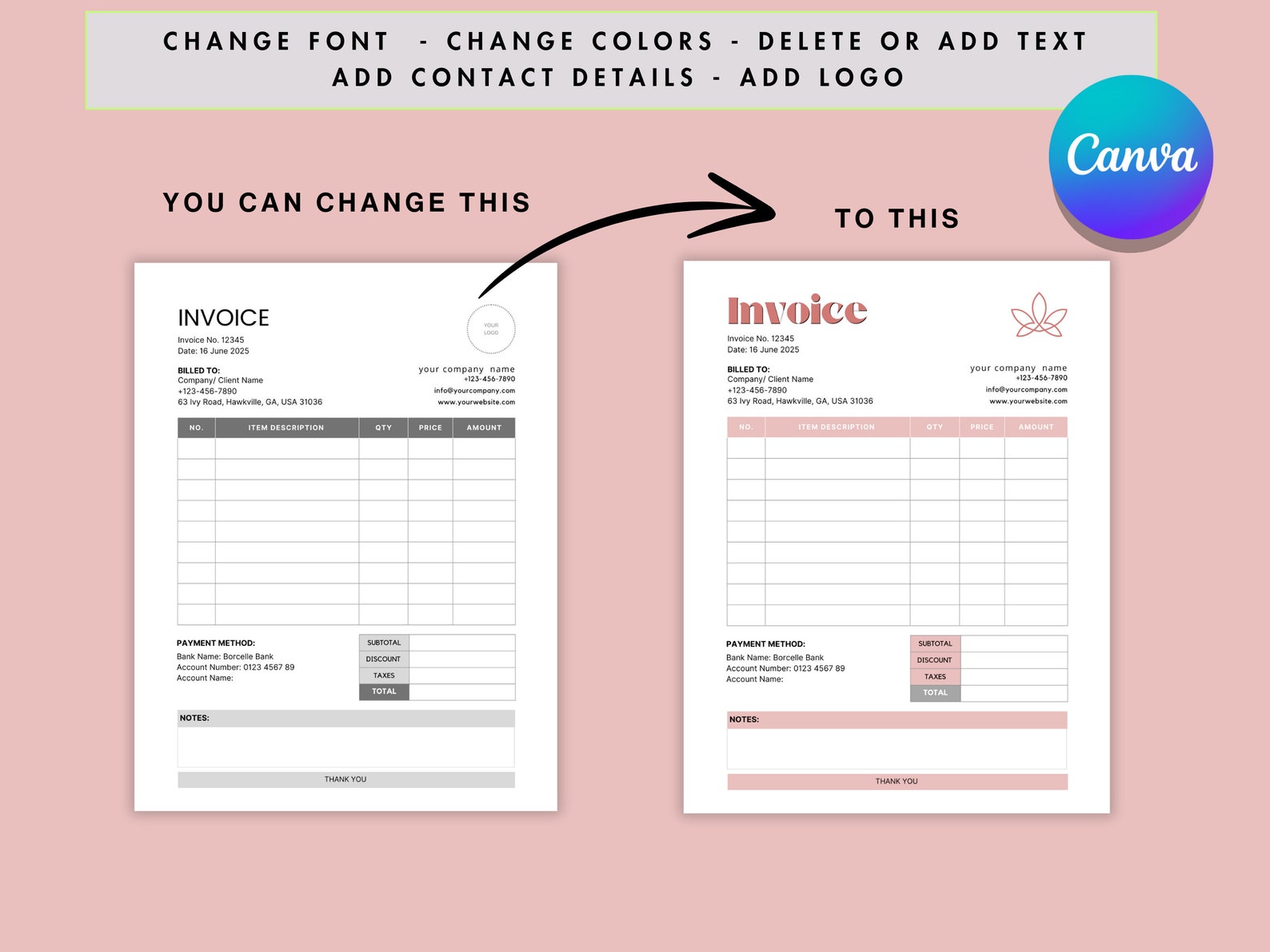 Invoice Template Editable Canva Printable Billing Form, Business ...
