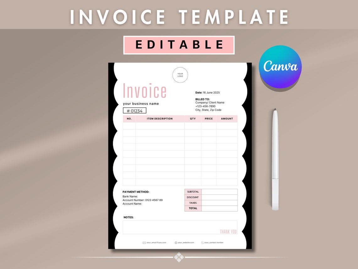 Invoice Template Form, Editable Canva Printable Billing Document ...
