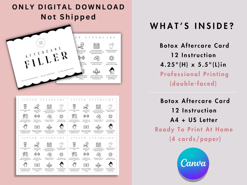 DIY Editable Filler Aftercare Card Template Medspa Aesthetic Injections ...