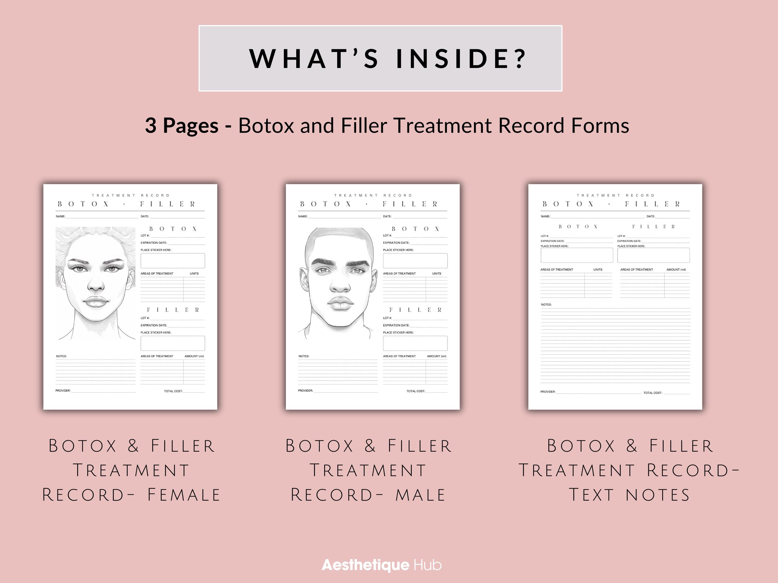 Botox and Filler Treatment Record Form, Medspa Injectable Face Map ...
