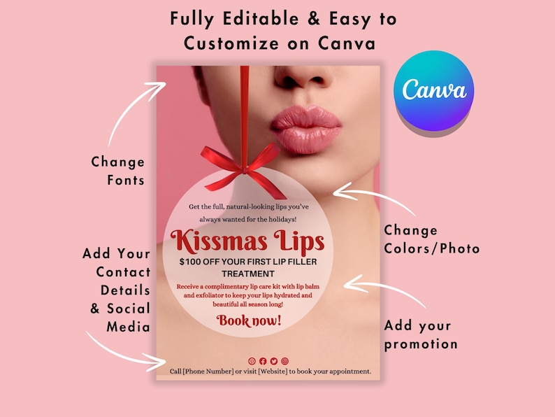 Lip Filler Christmas Promo Flyer, Editable Medspa Holiday Marketing ...