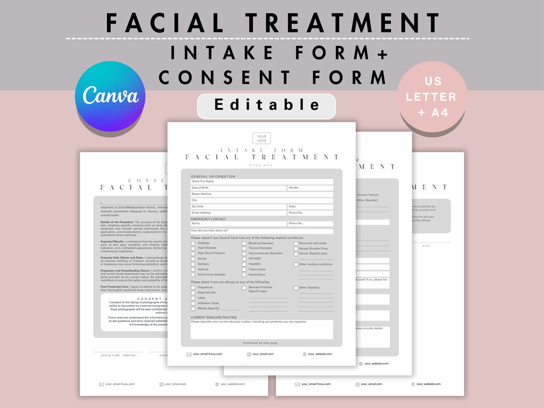 Esthetician Facial Intake Form Bundle, Aesthetic Treatment Informed ...