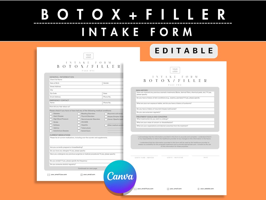 Editable Botox and Dermal Filler Client Intake Form Med Spa Reception ...