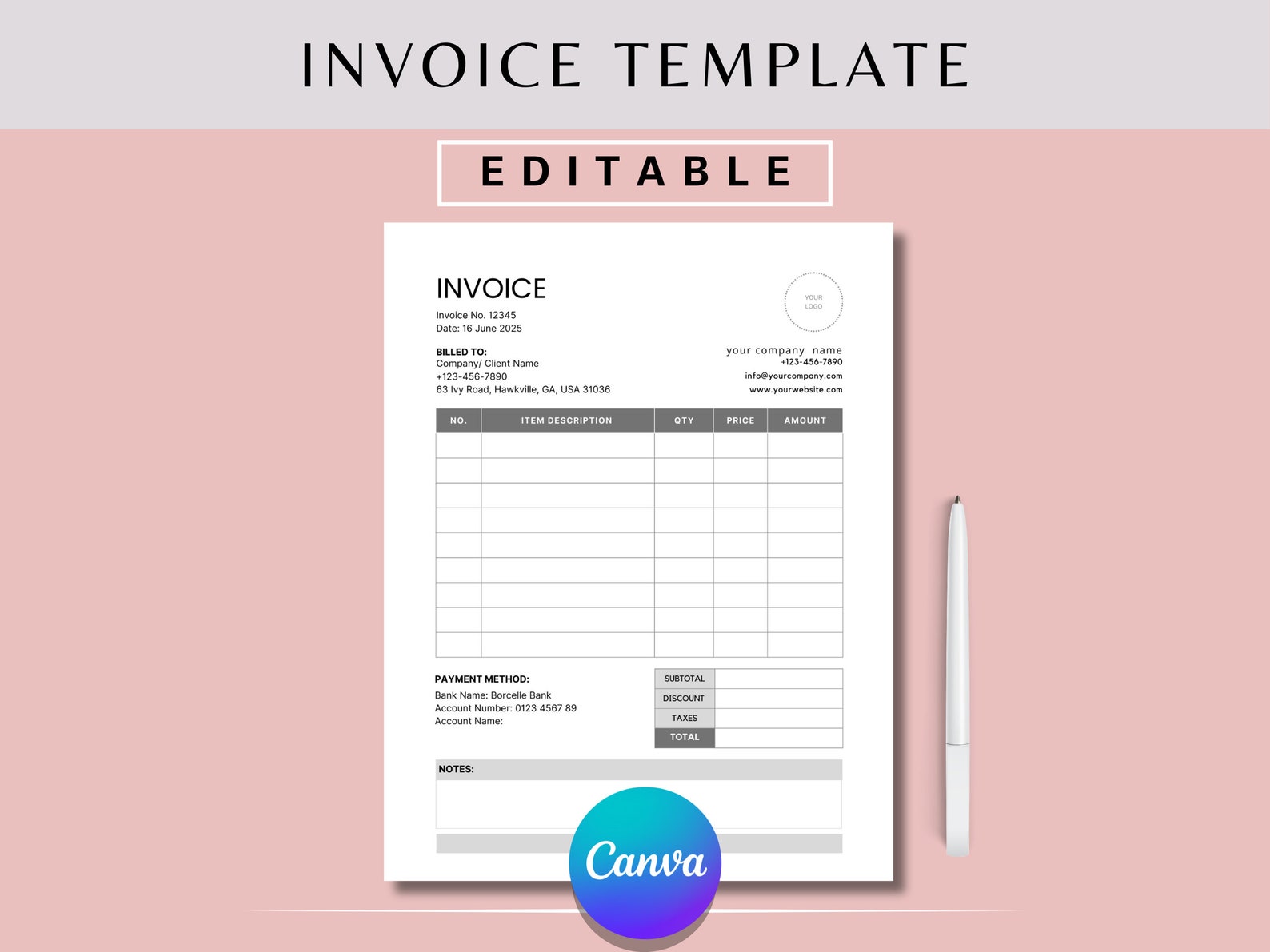 Invoice Template Editable Canva Printable Billing Form, Business ...