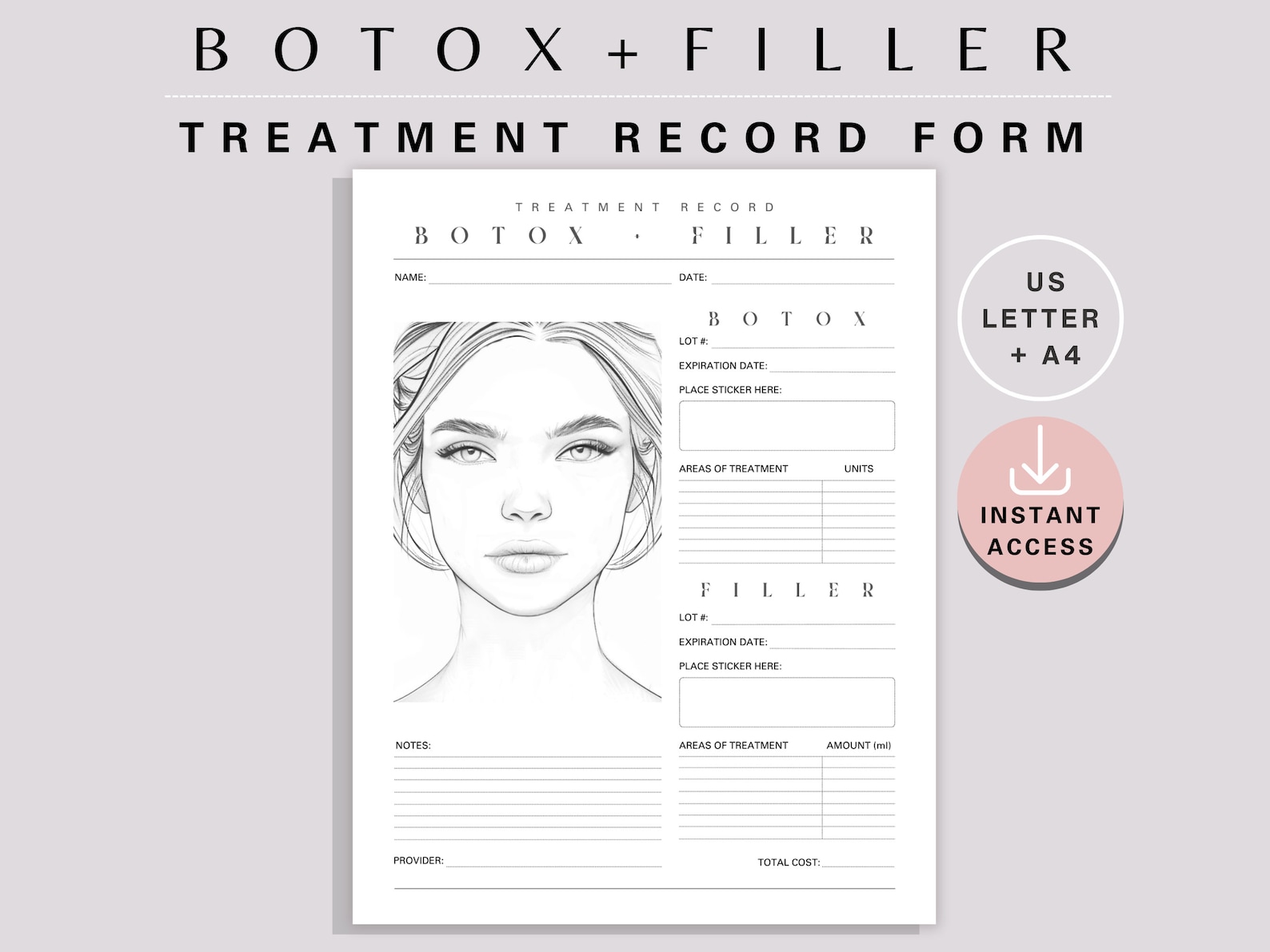 Botox and Dermal Filler Patient Treatment Record Form, Medical Spa ...
