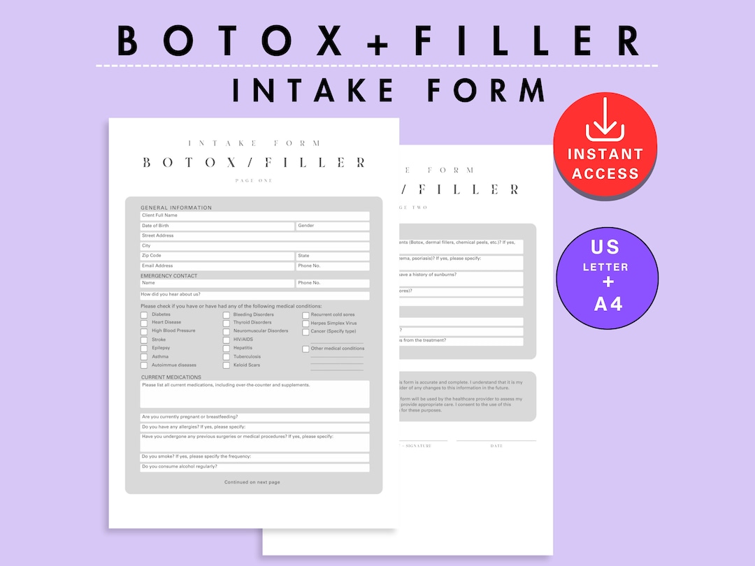 Botox and Filler Intake Form Template Aesthetic Injection Client Record ...