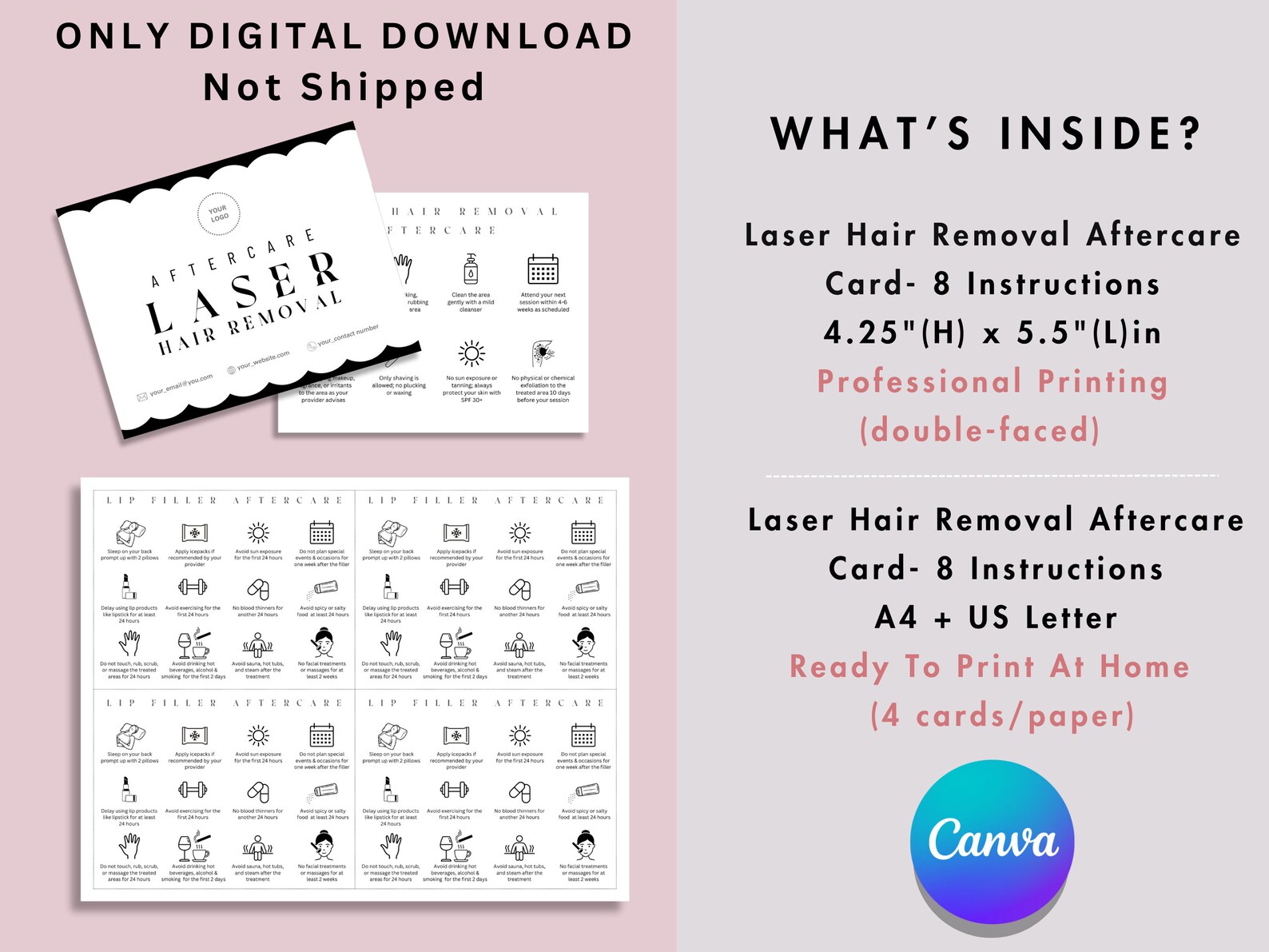 Editable Laser Hair Removal Aftercare Card Canva Template, Medspa ...