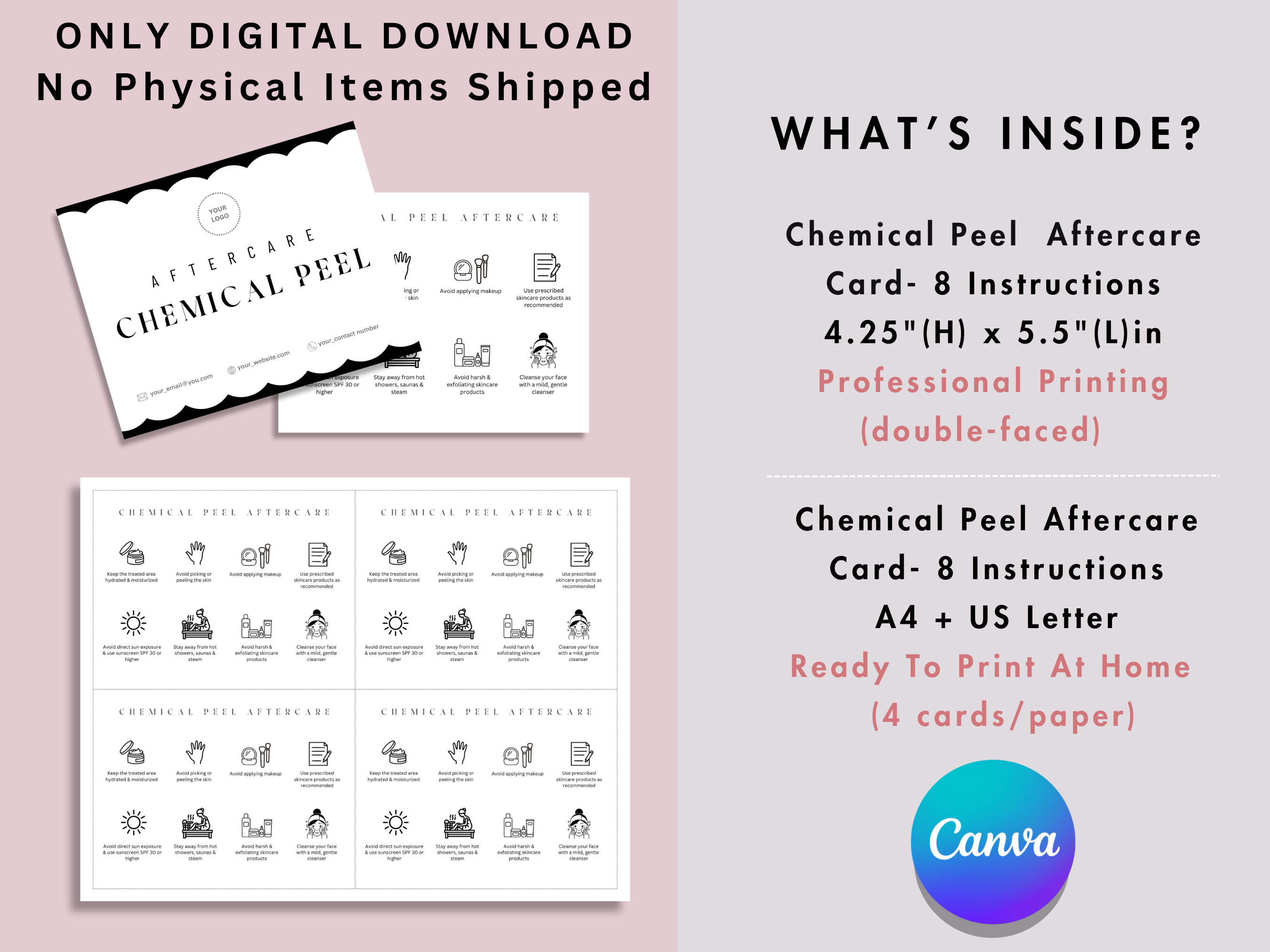 Editable Chemical Peel Aftercare Card, Esthetician Canva Mini Template ...