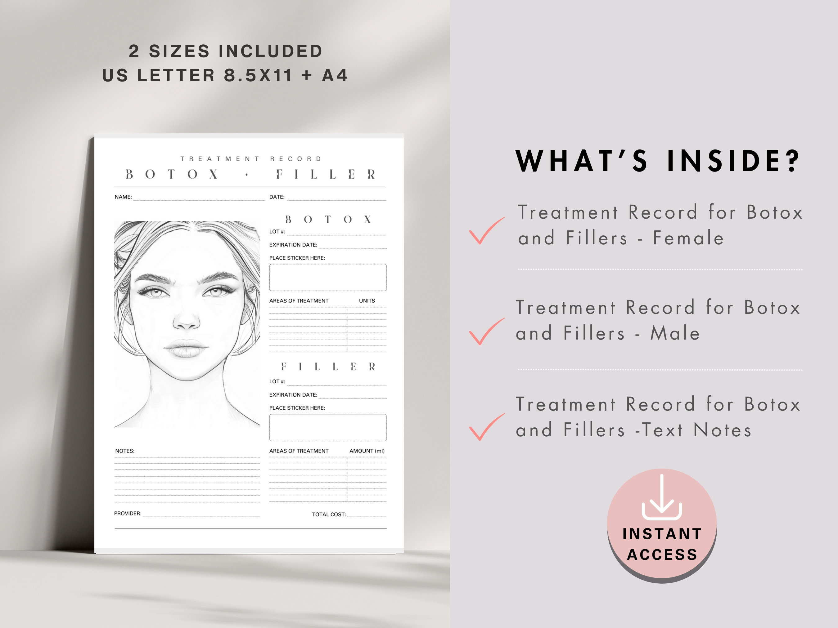Botox and Dermal Filler Patient Treatment Record Form, Medical Spa ...