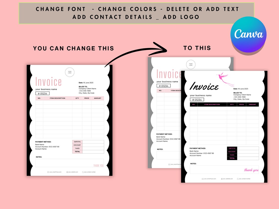 Invoice Template Form, Editable Canva Printable Billing Document ...