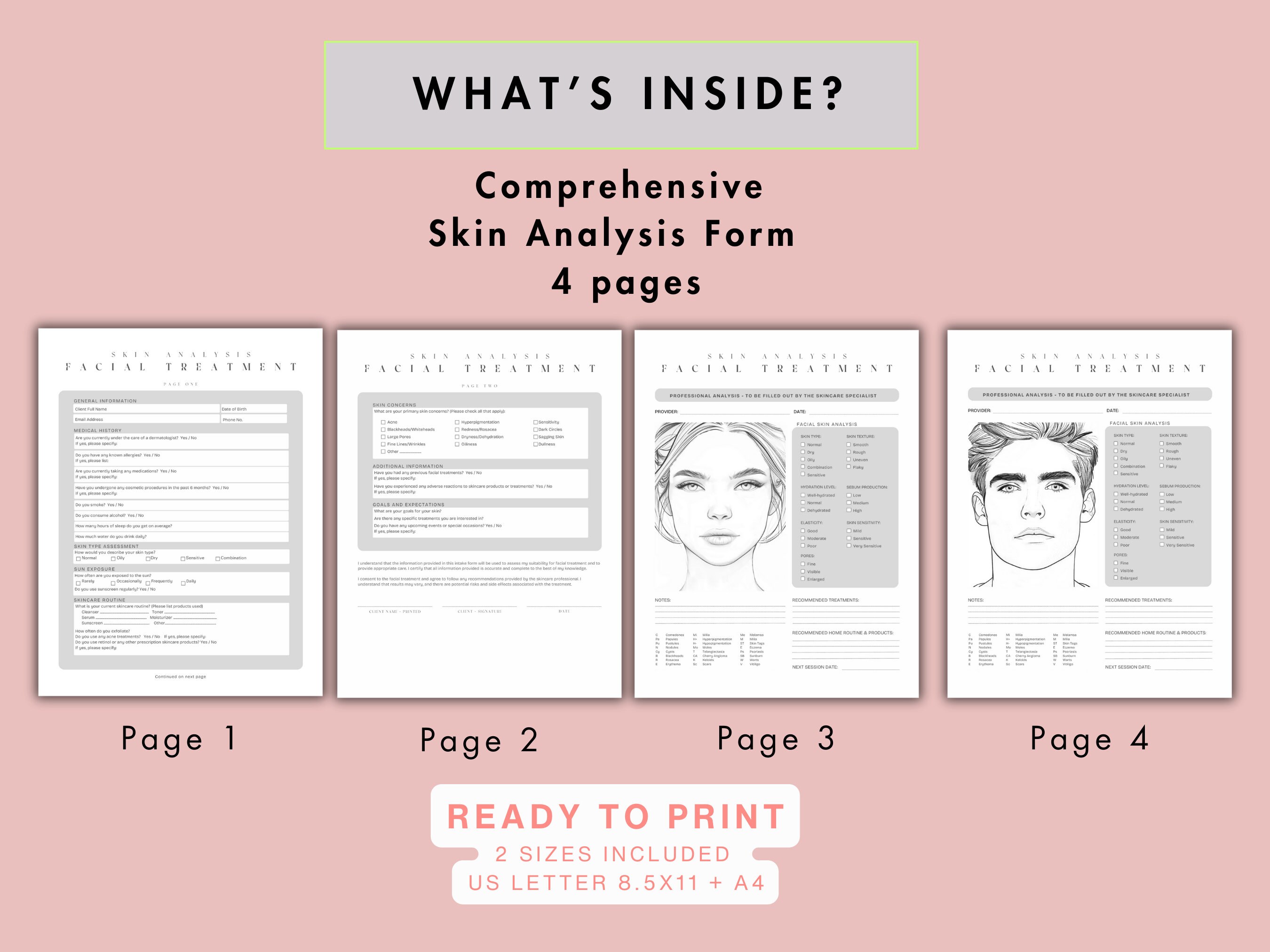 Skin Analysis Facial Form Template, Esthetician Aesthetic Skincare ...