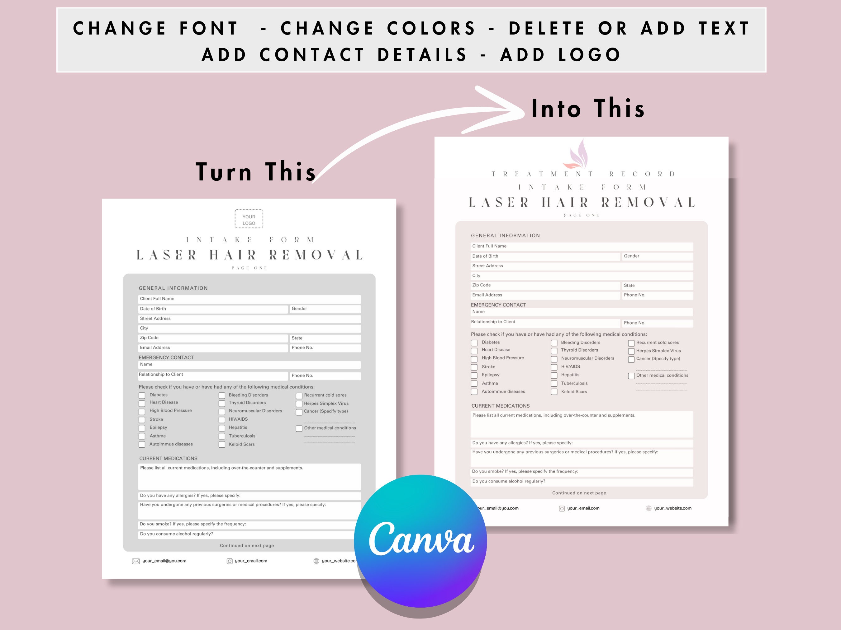 Editable Laser Hair Removal Client Treatment Record Canva Template ...