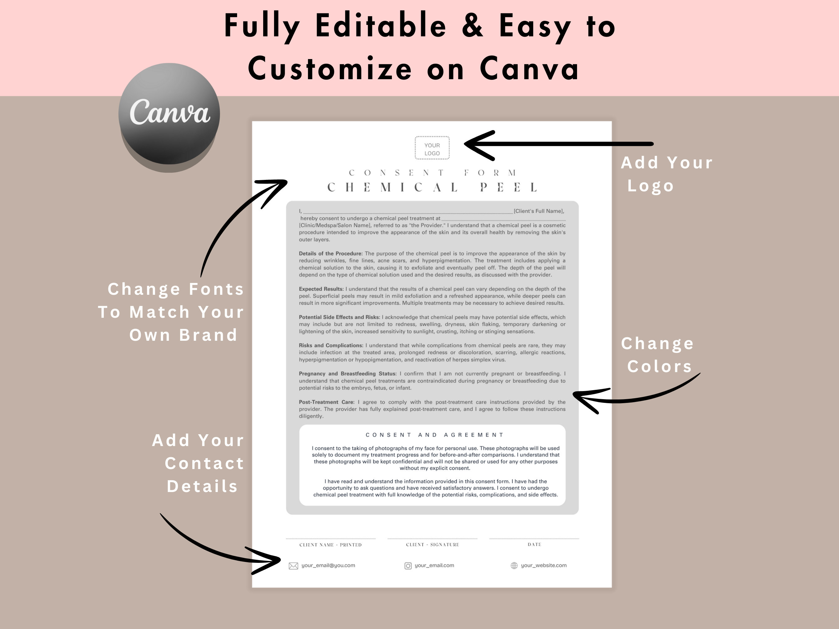 Editable Chemical Peel Consent Form Canva Template, Med Spa Waiver ...