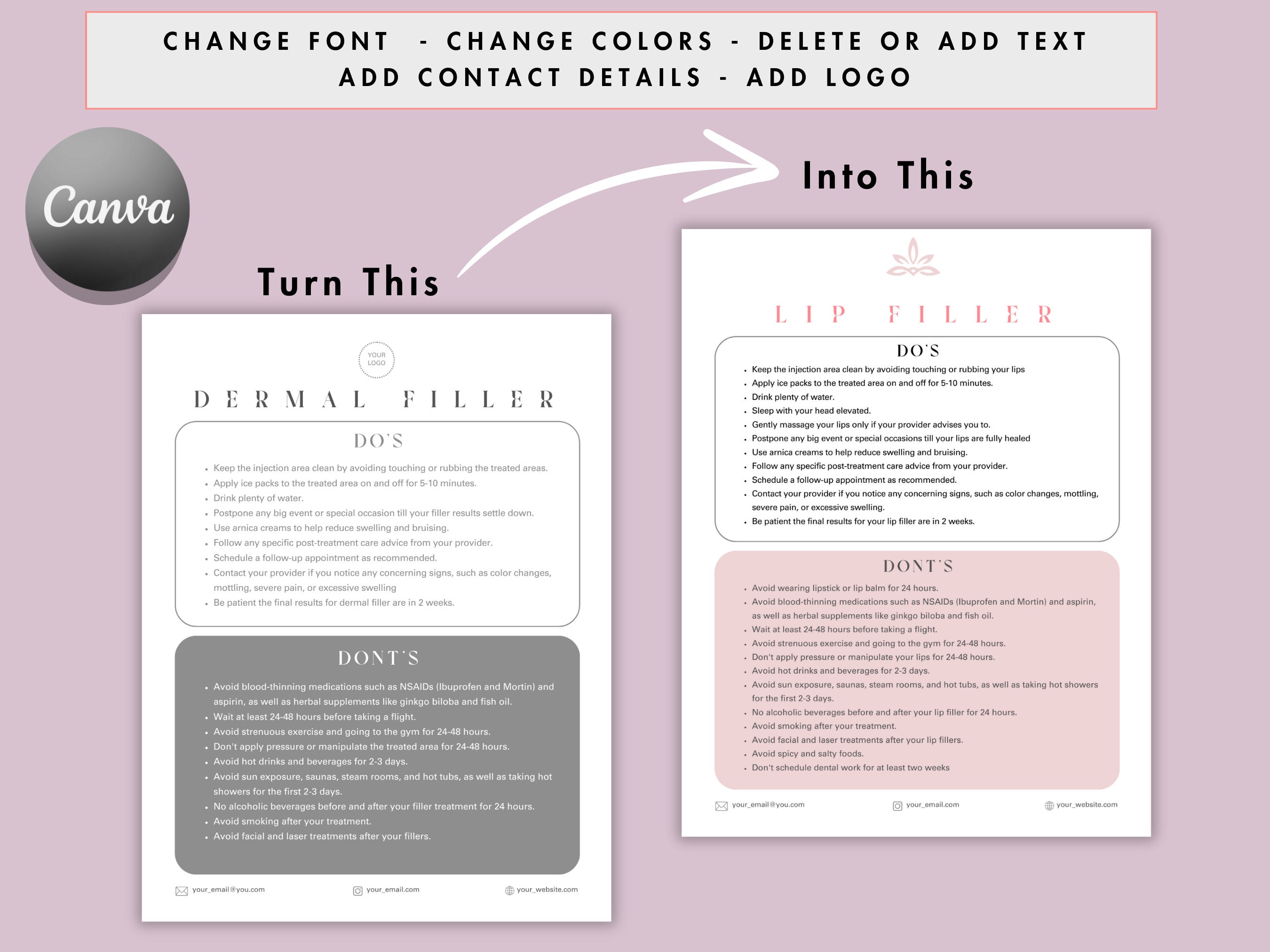 Editable Lip Filler Aftercare Instructions Sheet, Printable Aesthetic ...