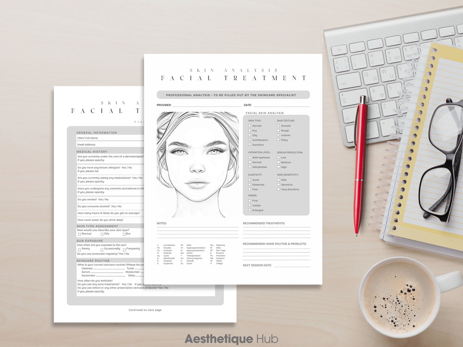Skin Analysis Facial Form Template, Esthetician Aesthetic Skincare ...
