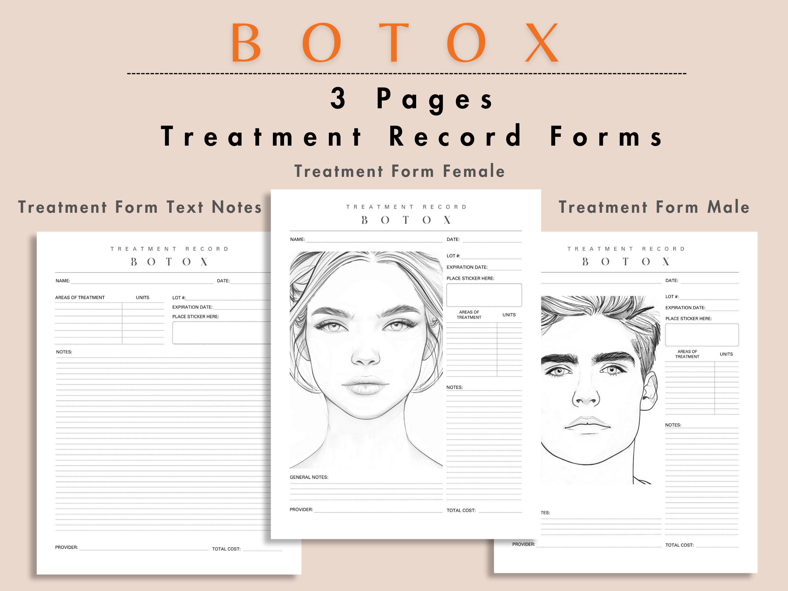Botox Treatment Record Form Template Aesthetic Injection Face Chart for ...