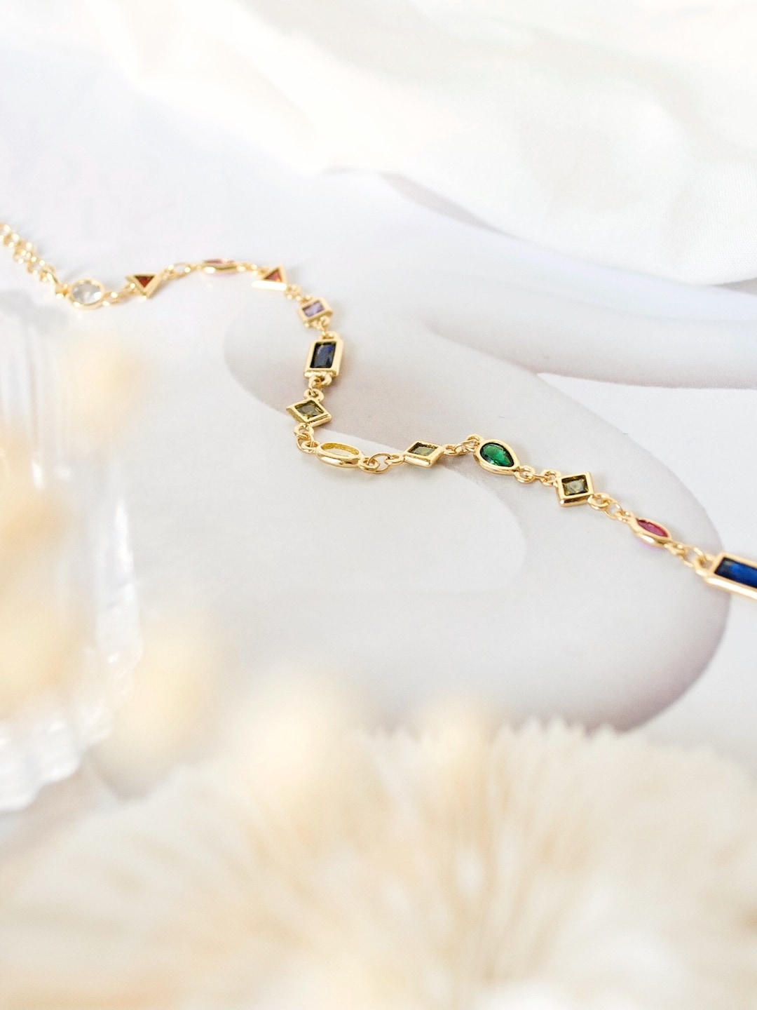14k Rainbow Crystal Bracelet, Gold Charm Bracelet | Gold Crystal Bracelet | Bridesmaid Gift ...