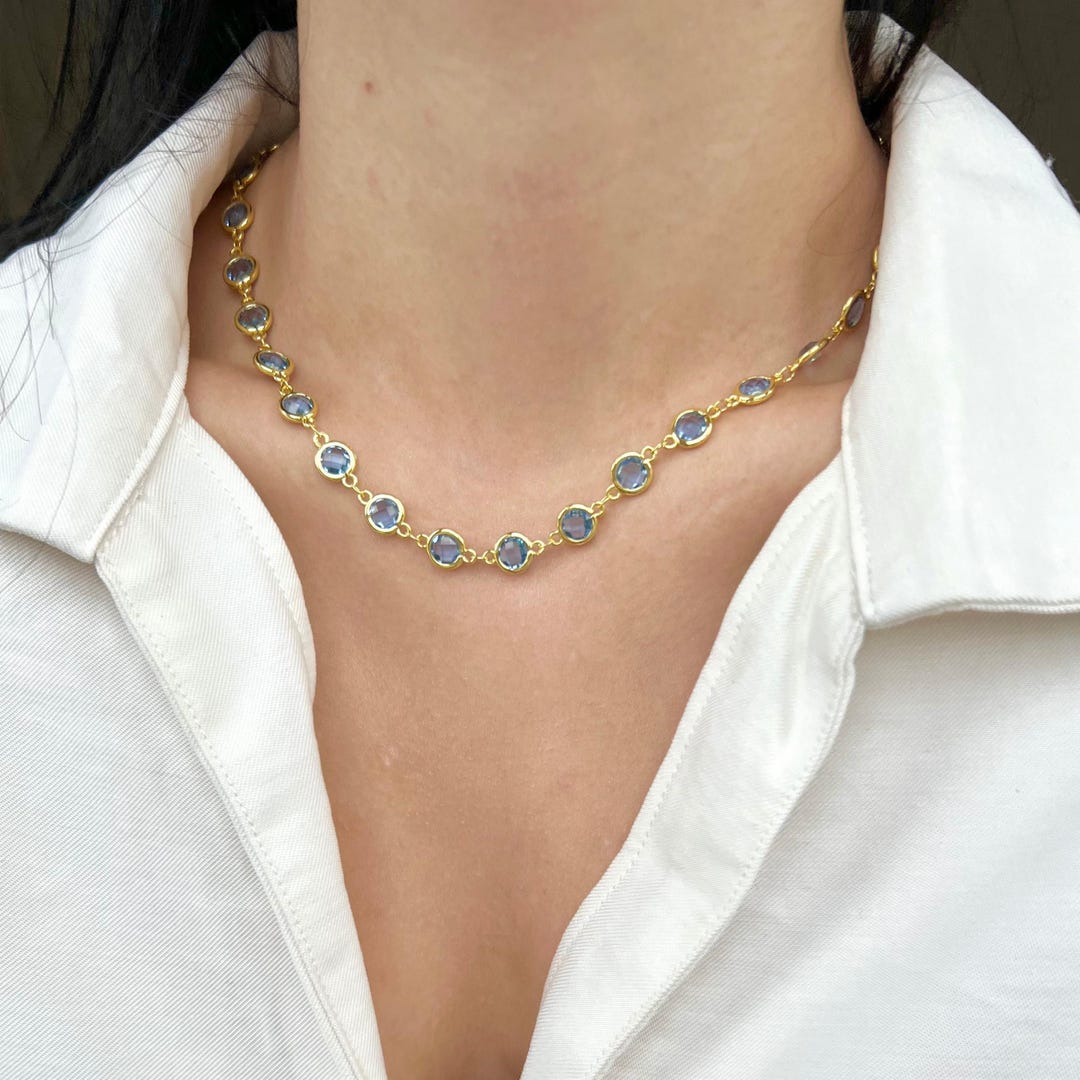 14K Gold Crystal Necklace, Gold Charm Choker Necklace, Crystal ...