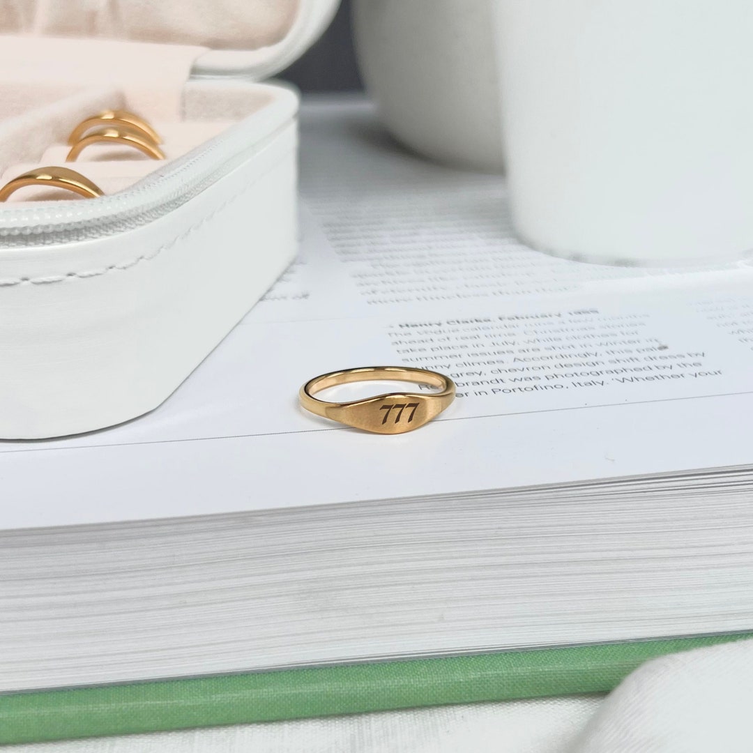 Angel Number Signet Ring, Dainty Signet Ring Womens, Gold Tiny Engraved ...
