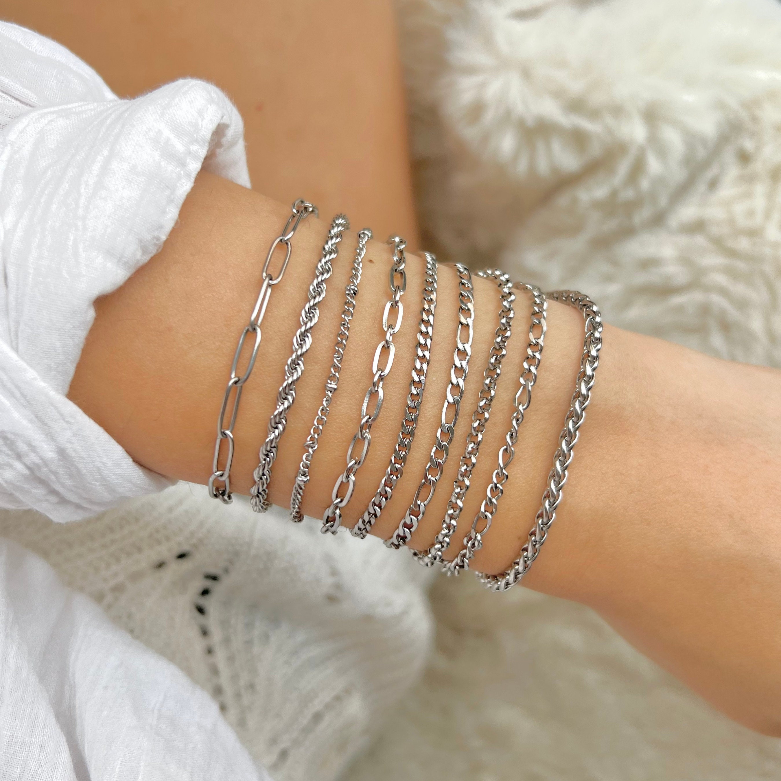 Silver Chain Bracelet, Stainless Steel Bracelet, White Gold Silver Chain Bracelet, Stainless Steel Bracelet, White Gold