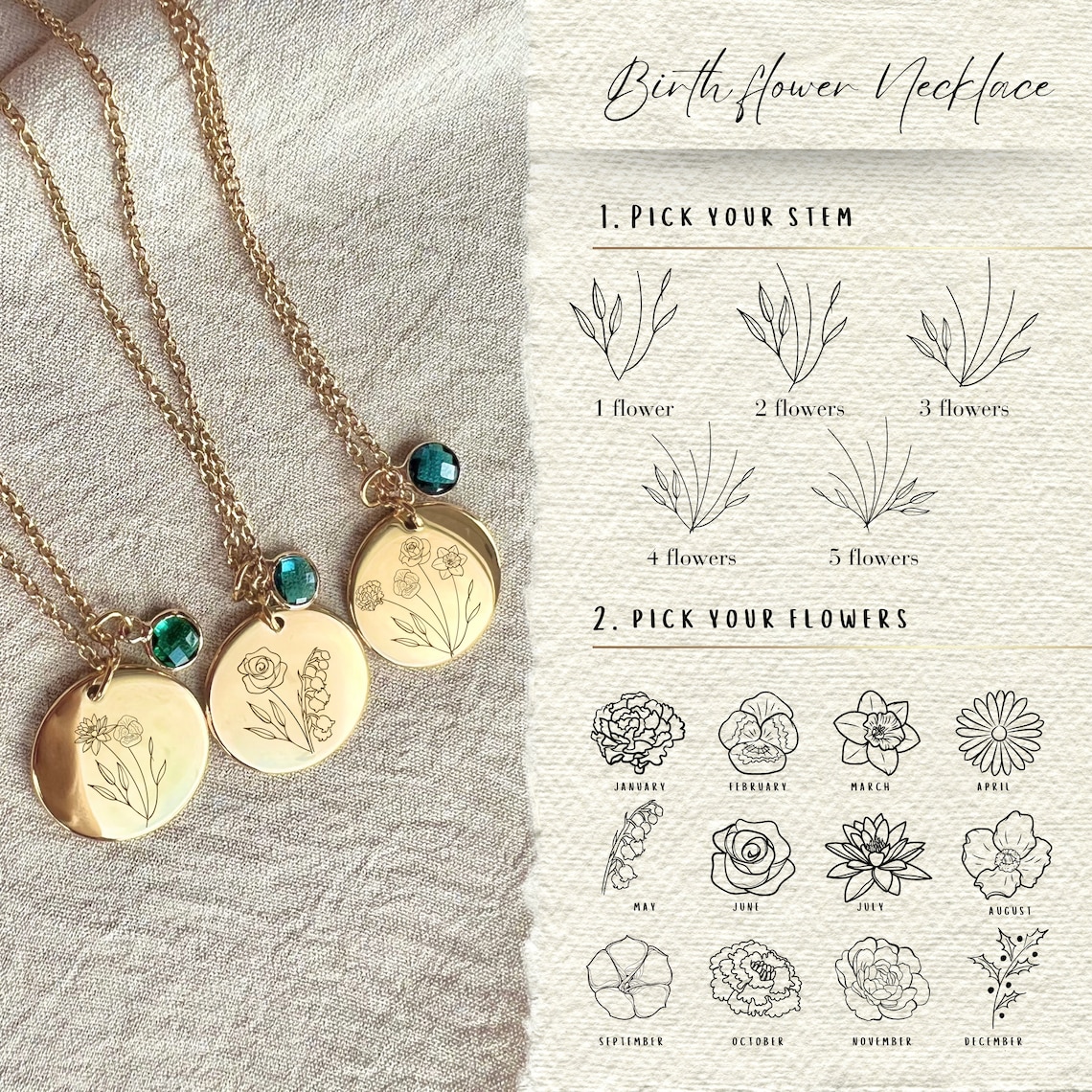 Family Birth Flower Bouquet Necklace, Gold Combined Birth Flowers ...